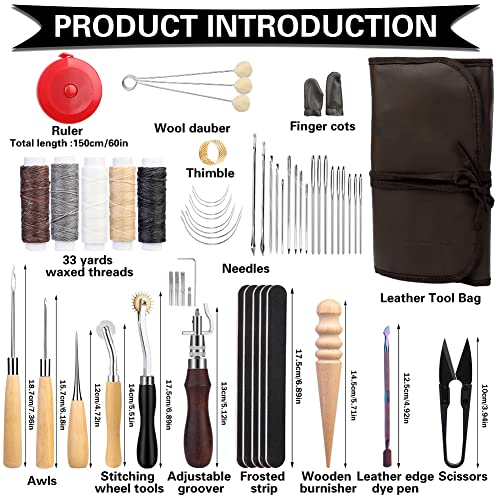 TLKKUE Leather Working Tools Leather Sewing Kit Leather Craft Tools with Storage Bag, Groover, Stitch Wheel, Waxed Threads, Awl, Needles, Manual, Leather Making Kit for DIY Sewing Craft Projects