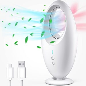 vanpoe desk fan, 12 inch bladeless fan small table fan usb rechargeable, 4000mah quiet portable personal fan bedside fans with adjustable night light for bedroom office dorm home (normal)