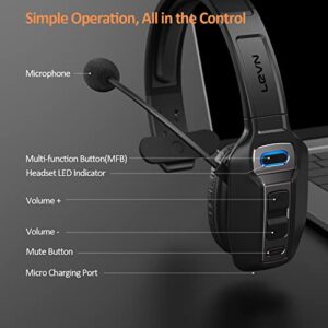 LEVN Bluetooth Headset with Microphone, Trucker Bluetooth Headset with AI Noise Cancelling & Mute Button, Wireless On-Ear Headphones 60 Hrs Working Time, for Trucker Home Office Remote Work Zoom