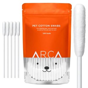 arca pet cotton swabs for dogs cats and small pets - ear cleaner swabs with long plastic handle - ear cleaning supply for puppies and pets - multipurpose cotton sticks for pets (100 buds)