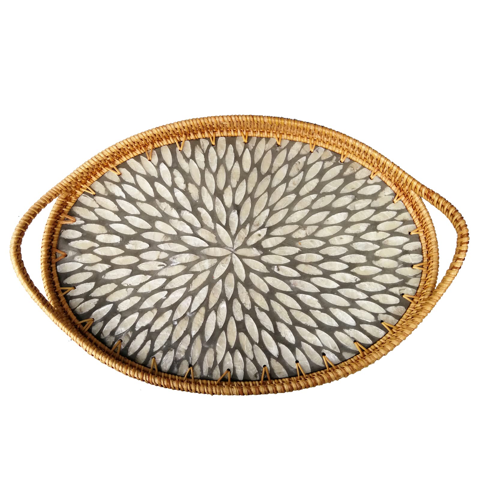 15 Inch Oval Rattan Woven Tray Basket with Beige MOP Wooden Base and Handles, Boho Wicker Coffee Table Serving Tray Décor with 2 Inch Wall, Handmade Display Basket for Countertop, L, I-lan