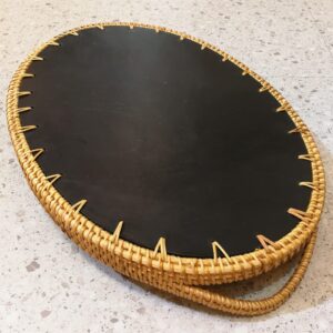 15 Inch Oval Rattan Woven Tray Basket with Beige MOP Wooden Base and Handles, Boho Wicker Coffee Table Serving Tray Décor with 2 Inch Wall, Handmade Display Basket for Countertop, L, I-lan