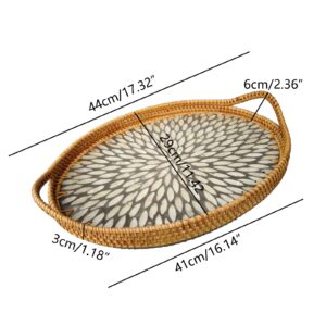 15 Inch Oval Rattan Woven Tray Basket with Beige MOP Wooden Base and Handles, Boho Wicker Coffee Table Serving Tray Décor with 2 Inch Wall, Handmade Display Basket for Countertop, L, I-lan