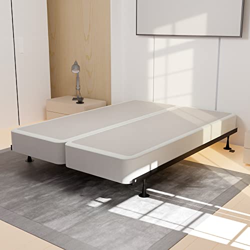 Spring Solution, 4" Split Wood Traditional Box Spring/Foundation for Mattress Set, Sturdy Fabric Paneled Design Wooden Frame, Durable Bedding Mattress Box Springs, Queen, White