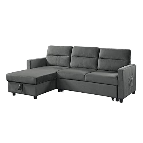 BOWERY HILL Dark Gray Velvet Reversible Sleeper Sectional with Storage