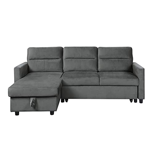 BOWERY HILL Dark Gray Velvet Reversible Sleeper Sectional with Storage