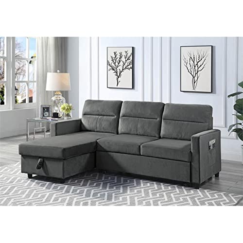 BOWERY HILL Dark Gray Velvet Reversible Sleeper Sectional with Storage