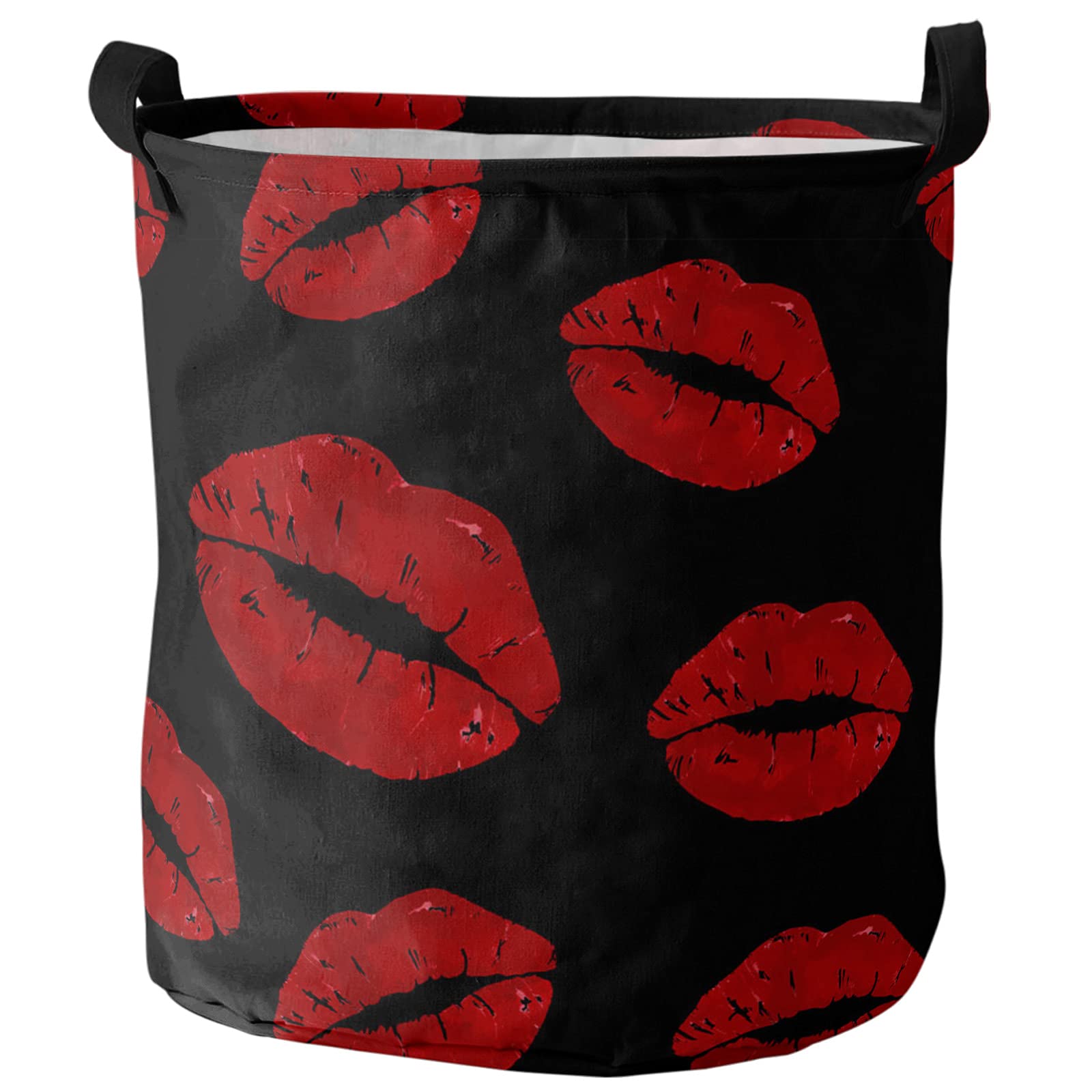 Laundry Basket Kiss Lipstick Modern Fashion Stylish,Waterproof Collapsible Clothes Hamper Sexy Woman Red Lips on Black,Large Storage Bag for Bedroom Bathroom 16.5x17In