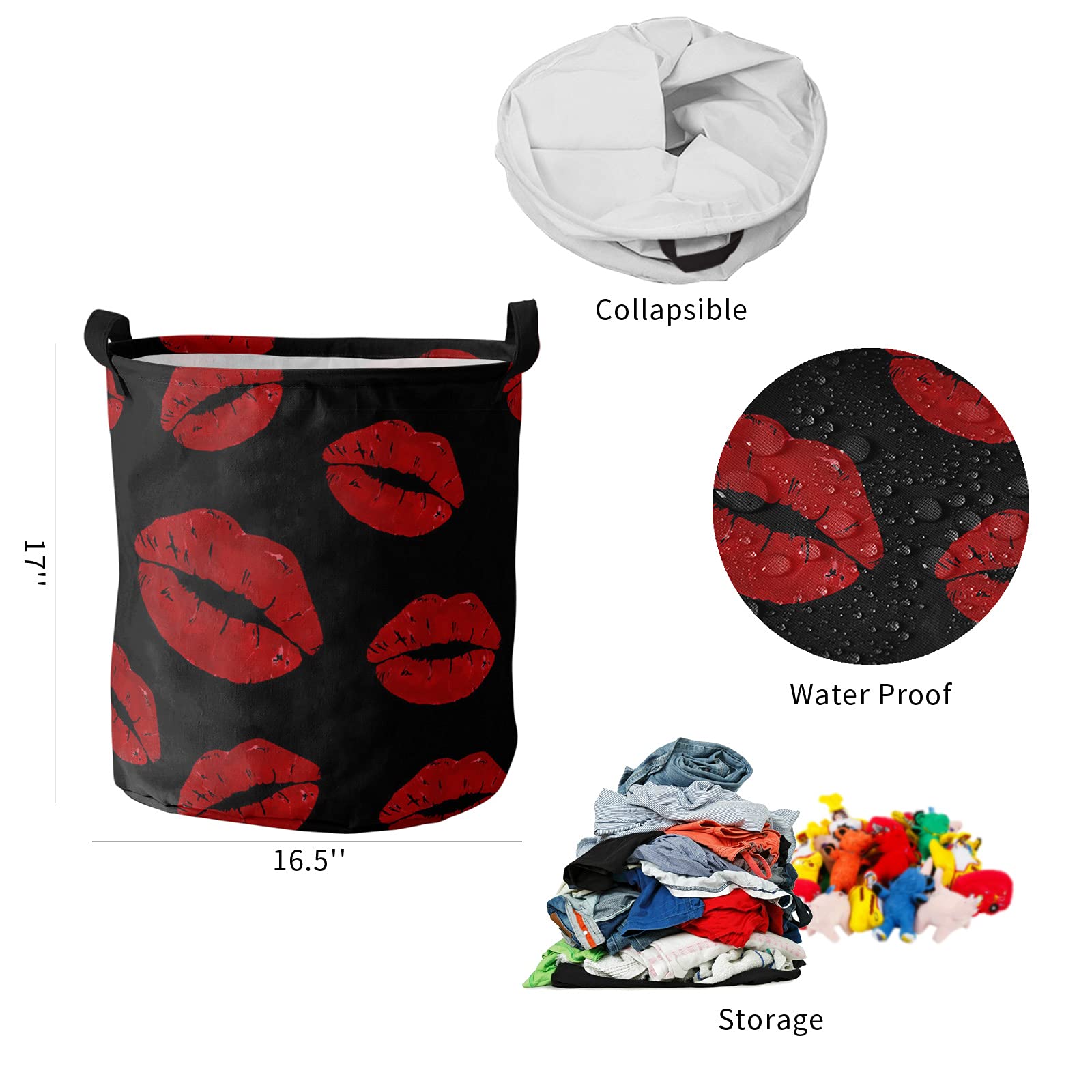 Laundry Basket Kiss Lipstick Modern Fashion Stylish,Waterproof Collapsible Clothes Hamper Sexy Woman Red Lips on Black,Large Storage Bag for Bedroom Bathroom 16.5x17In