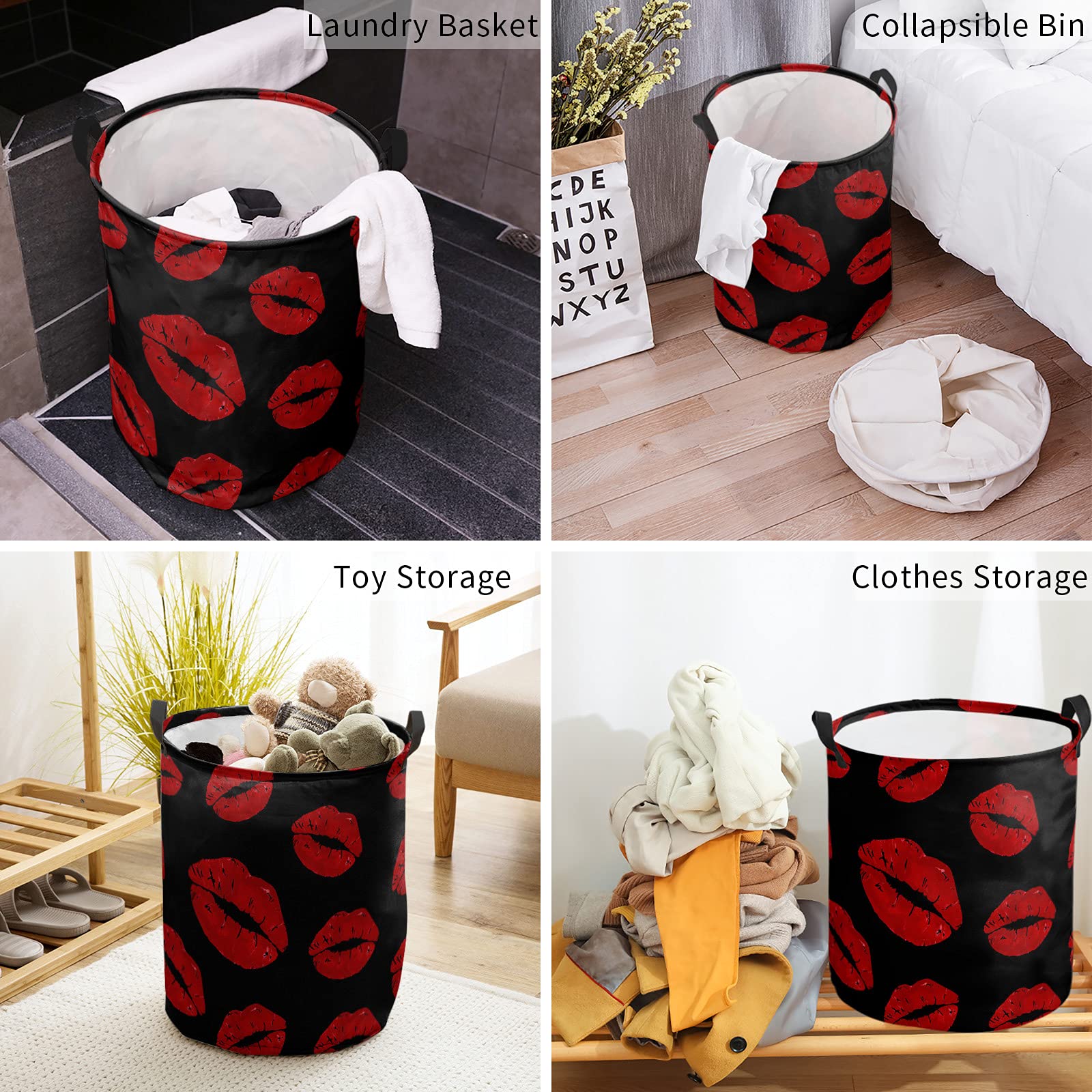 Laundry Basket Kiss Lipstick Modern Fashion Stylish,Waterproof Collapsible Clothes Hamper Sexy Woman Red Lips on Black,Large Storage Bag for Bedroom Bathroom 16.5x17In