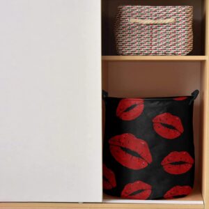 Laundry Basket Kiss Lipstick Modern Fashion Stylish,Waterproof Collapsible Clothes Hamper Sexy Woman Red Lips on Black,Large Storage Bag for Bedroom Bathroom 16.5x17In