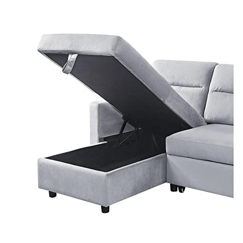 BOWERY HILL Light Gray Velvet Reversible Sleeper Sectional with Storage Chaise