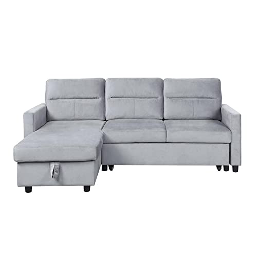 BOWERY HILL Light Gray Velvet Reversible Sleeper Sectional with Storage Chaise