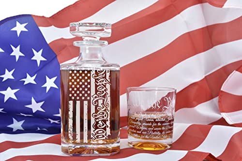 WATAKA Whiskey Decanter Set Engraved We the People American Flag with 2 Glasses for Liquor Scotch Bourbon or Wine