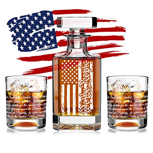 WATAKA Whiskey Decanter Set Engraved We the People American Flag with 2 Glasses for Liquor Scotch Bourbon or Wine