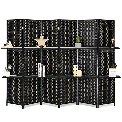 Giantex 6Ft 6 Panel Room Divider with Shelves, Freestanding Hand-Woven Rattan Folding Privacy Screens for Room Separation, Wooden Partition Room Divider Wall for Home Office Studio Separator