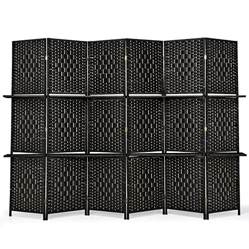 Giantex 6Ft 6 Panel Room Divider with Shelves, Freestanding Hand-Woven Rattan Folding Privacy Screens for Room Separation, Wooden Partition Room Divider Wall for Home Office Studio Separator