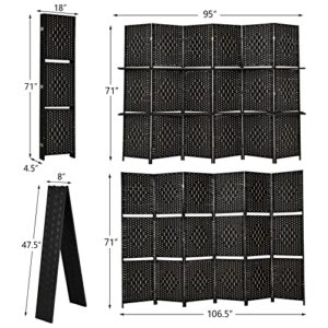 Giantex 6Ft 6 Panel Room Divider with Shelves, Freestanding Hand-Woven Rattan Folding Privacy Screens for Room Separation, Wooden Partition Room Divider Wall for Home Office Studio Separator