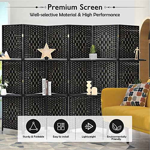 Giantex 6Ft 6 Panel Room Divider with Shelves, Freestanding Hand-Woven Rattan Folding Privacy Screens for Room Separation, Wooden Partition Room Divider Wall for Home Office Studio Separator