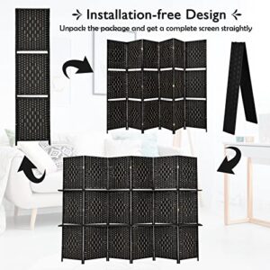 Giantex 6Ft 6 Panel Room Divider with Shelves, Freestanding Hand-Woven Rattan Folding Privacy Screens for Room Separation, Wooden Partition Room Divider Wall for Home Office Studio Separator