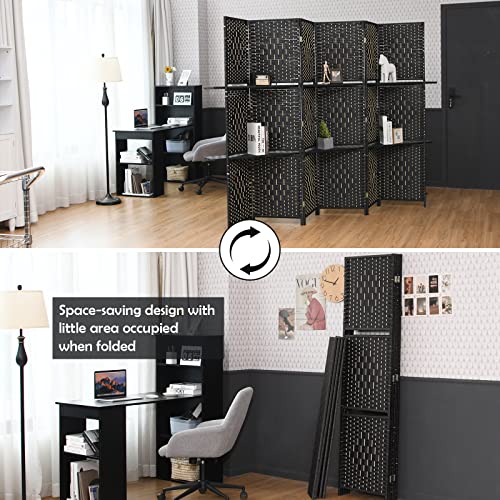 Giantex 6Ft 6 Panel Room Divider with Shelves, Freestanding Hand-Woven Rattan Folding Privacy Screens for Room Separation, Wooden Partition Room Divider Wall for Home Office Studio Separator