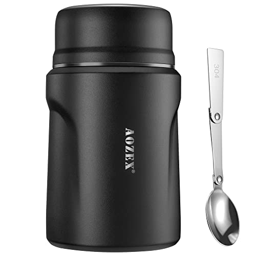 AOZEX Thermos for Hot Food, 16 oz Vacuum Insulated Food Jar Small Kids Food Thermos Container with Spoon, Stainless Steel Lunch Thermos Food Jar Leak Proof Soup Thermos for Adults, Black