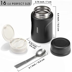 AOZEX Thermos for Hot Food, 16 oz Vacuum Insulated Food Jar Small Kids Food Thermos Container with Spoon, Stainless Steel Lunch Thermos Food Jar Leak Proof Soup Thermos for Adults, Black