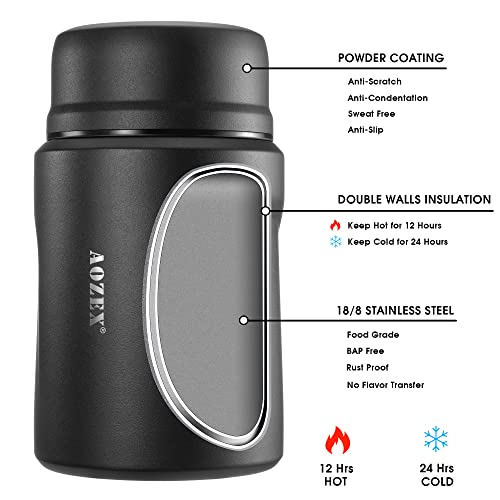 AOZEX Thermos for Hot Food, 16 oz Vacuum Insulated Food Jar Small Kids Food Thermos Container with Spoon, Stainless Steel Lunch Thermos Food Jar Leak Proof Soup Thermos for Adults, Black