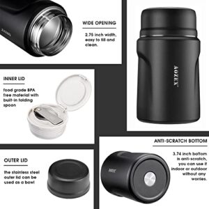 AOZEX Thermos for Hot Food, 16 oz Vacuum Insulated Food Jar Small Kids Food Thermos Container with Spoon, Stainless Steel Lunch Thermos Food Jar Leak Proof Soup Thermos for Adults, Black