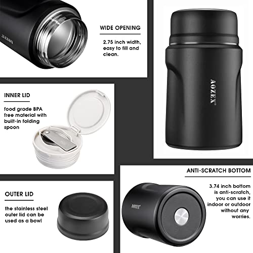 AOZEX Thermos for Hot Food, 16 oz Vacuum Insulated Food Jar Small Kids Food Thermos Container with Spoon, Stainless Steel Lunch Thermos Food Jar Leak Proof Soup Thermos for Adults, Black