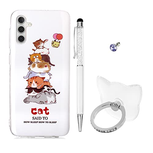 Mavis's Diary Galaxy A13 Case with Ring Holder & Stylus, Cute Floral Pattern Slim Fit Soft TPU Rubber Gel Case, Women Girls Protective Cover Compatible with Samsung Galaxy A13 5G (Cartoon Cat)