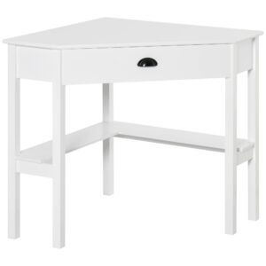 homcom corner desk, triangle computer desk with drawer and storage shelves for small spaces, home office workstation for living room, or bedroom, white