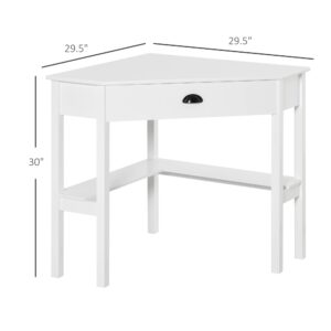 HOMCOM Corner Desk, Triangle Computer Desk with Drawer and Storage Shelves for Small Spaces, Home Office Workstation for Living Room, or Bedroom, White