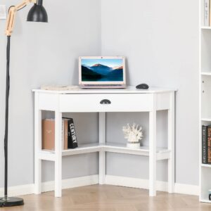 HOMCOM Corner Desk, Triangle Computer Desk with Drawer and Storage Shelves for Small Spaces, Home Office Workstation for Living Room, or Bedroom, White