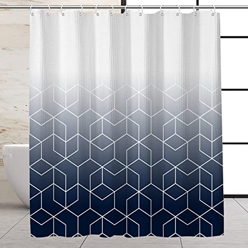 VEGA U Waffle Texture Shower Curtain for Bathroom, Geometry Themed with Small Polka Dot Design Bath Decor with Hooks, 72x72 Inch (Navy Blue)