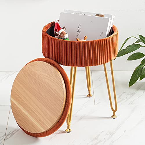 LUE BONA Velvet Vanity Stool Chair for Makeup Room, Pumpkin Brown Vanity Stool with Gold Legs,18” Height, Small Storage Ottoman Foot Ottoman Rest for Living Room, Bathroom