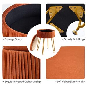 LUE BONA Velvet Vanity Stool Chair for Makeup Room, Pumpkin Brown Vanity Stool with Gold Legs,18” Height, Small Storage Ottoman Foot Ottoman Rest for Living Room, Bathroom