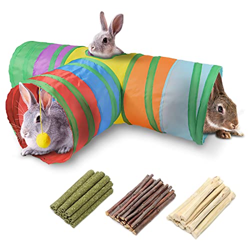 Bunny Tunnel, Collapsible 3 Way Cat Tube Rabbit Hideout Extra Large Tunnel Tubes with Chew Toys Kitty Small Animal Activity Toys for Dwarf Rabbits Bunny Guinea Pig Ferret Kitty