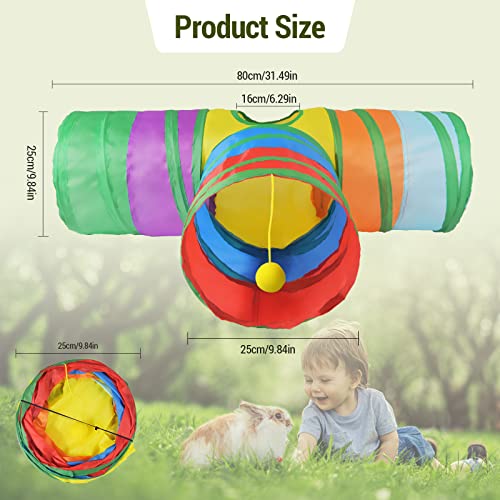 Bunny Tunnel, Collapsible 3 Way Cat Tube Rabbit Hideout Extra Large Tunnel Tubes with Chew Toys Kitty Small Animal Activity Toys for Dwarf Rabbits Bunny Guinea Pig Ferret Kitty