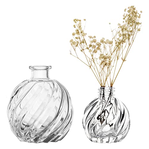 MyGift Modern Clear Glass Reed Diffuser Bottle, Small Round Decorative Bottles Flower Bud Vase with Spiral Ribbed Textured Pattern, Set of 2