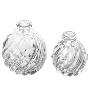 MyGift Modern Clear Glass Reed Diffuser Bottle, Small Round Decorative Bottles Flower Bud Vase with Spiral Ribbed Textured Pattern, Set of 2