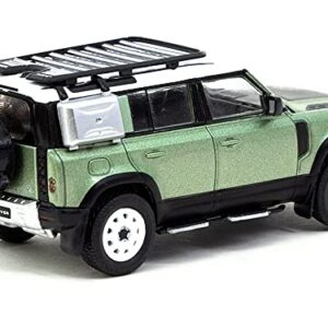 Land Rover Defender 110 with Roof Rack Light Green Metallic with White Top 1/64 Diecast Model Car by Tarmac Works