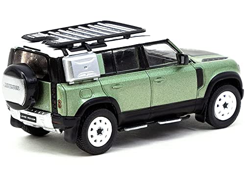 Land Rover Defender 110 with Roof Rack Light Green Metallic with White Top 1/64 Diecast Model Car by Tarmac Works