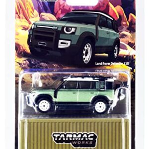 Land Rover Defender 110 with Roof Rack Light Green Metallic with White Top 1/64 Diecast Model Car by Tarmac Works