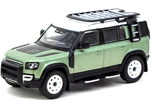 Land Rover Defender 110 with Roof Rack Light Green Metallic with White Top 1/64 Diecast Model Car by Tarmac Works