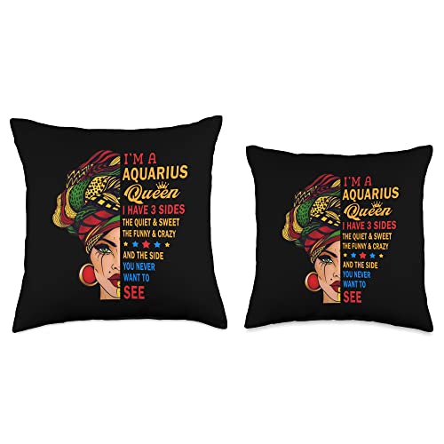 Black Zodiac Girls Birthday Black Women Gifts Aquarius Queens are Born in January 20-February 18 T-Shirt Throw Pillow, 16x16, Multicolor