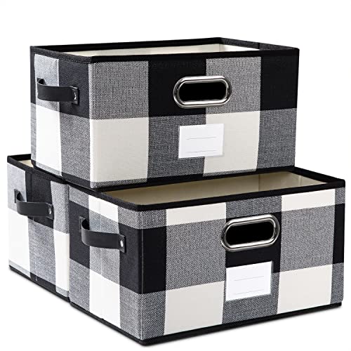 PRANDOM Fodable Storage Bins for Closet [3-pack] Decorative Fabric Storage Baskets Cubes with Leather/Metal Handles for Shelves Bedroom Living Room Black and White Grid (11.5x8.5x6.7 Inch)