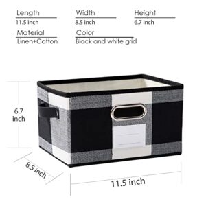 PRANDOM Fodable Storage Bins for Closet [3-pack] Decorative Fabric Storage Baskets Cubes with Leather/Metal Handles for Shelves Bedroom Living Room Black and White Grid (11.5x8.5x6.7 Inch)