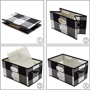 PRANDOM Fodable Storage Bins for Closet [3-pack] Decorative Fabric Storage Baskets Cubes with Leather/Metal Handles for Shelves Bedroom Living Room Black and White Grid (11.5x8.5x6.7 Inch)