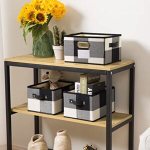 PRANDOM Fodable Storage Bins for Closet [3-pack] Decorative Fabric Storage Baskets Cubes with Leather/Metal Handles for Shelves Bedroom Living Room Black and White Grid (11.5x8.5x6.7 Inch)